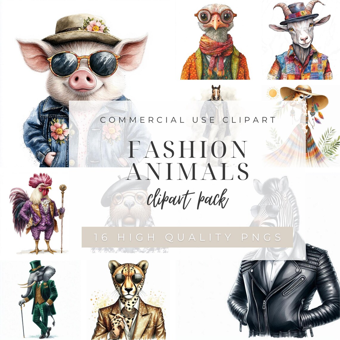 16 Fashion Animals, Watercolor, Cute Animals, Clipart, Commercial Use ...