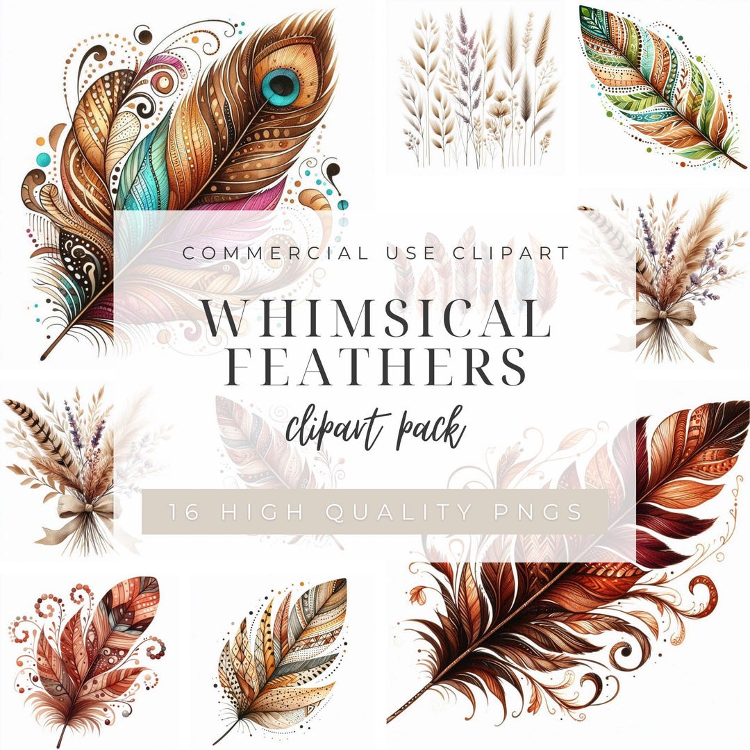 16 Whimsical Feathers, Watercolor, Clipart, for Kids, Commercial Use ...