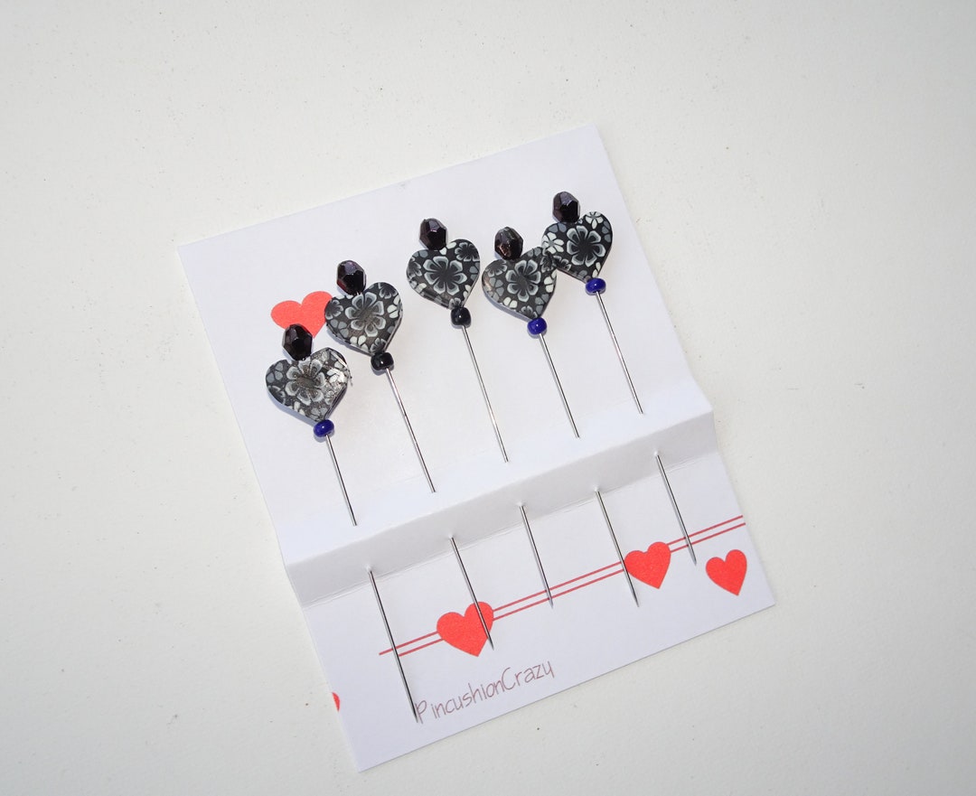 Fimo Millefiori Black Heart Pins 3 Quilting or Counting Pins Gift for ...
