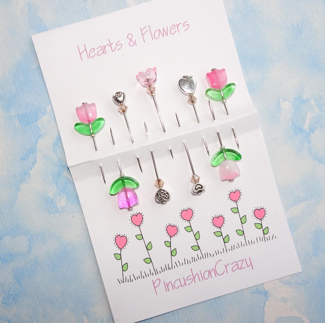 Pink Counting Pins for Cross-stitch - Hearts and Flowers - Fancy Sewing ...