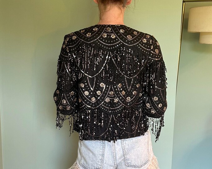 Black and Gold Sequin Fringe Jacket, Embroidered Jacket, Art Deco Style ...