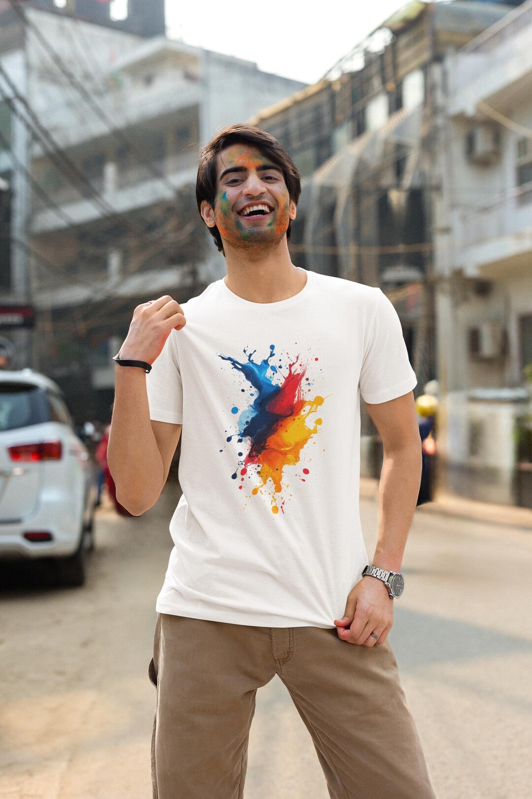 Vibrant Paint Design Tee, Paint Splash T-shirt, Multicolor Graphic ...