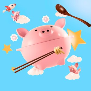 Pig Ramen Bowl Set With Lid, Chopsticks, and Spoon, Ceramic, Large, and ...