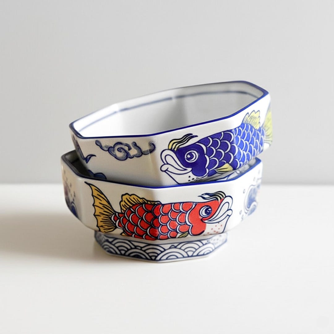 Japanese Koi Fish Porcelain Bowl – Octagonal Red and Blue White Ceramic ...