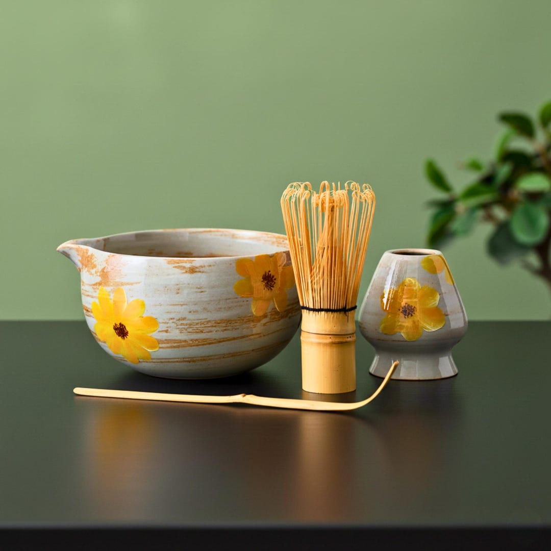 Japanese Matcha Bowl Set: Hand-painted Yellow Flower Chawan With Bamboo ...