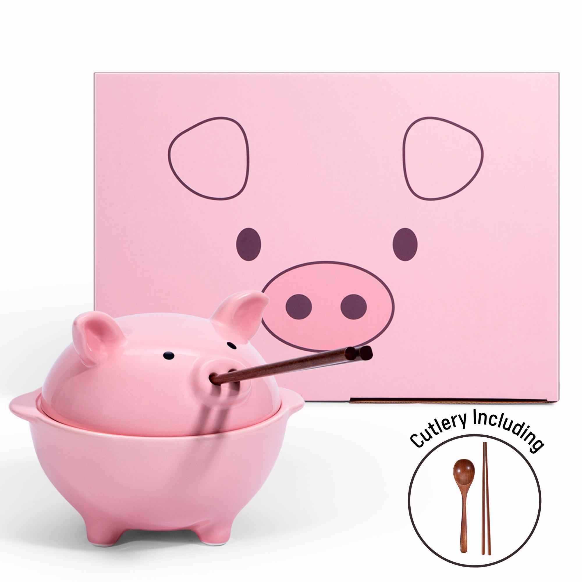 Pig Ramen Bowl Set With Lid, Chopsticks, and Spoon, Ceramic, Large, and ...