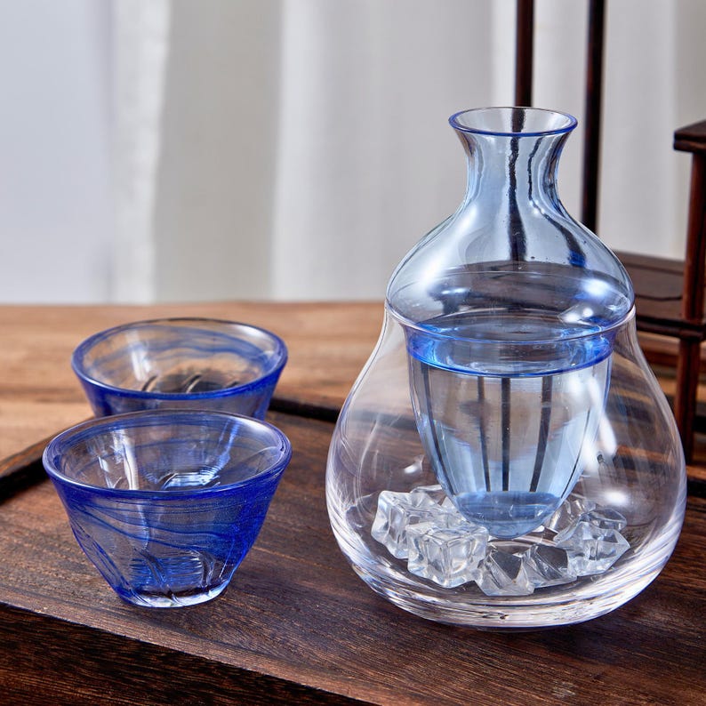 Glass Sake Set: Blue Japanese Tokkuri Carafe & Cups, Modern Sake Gift ...
