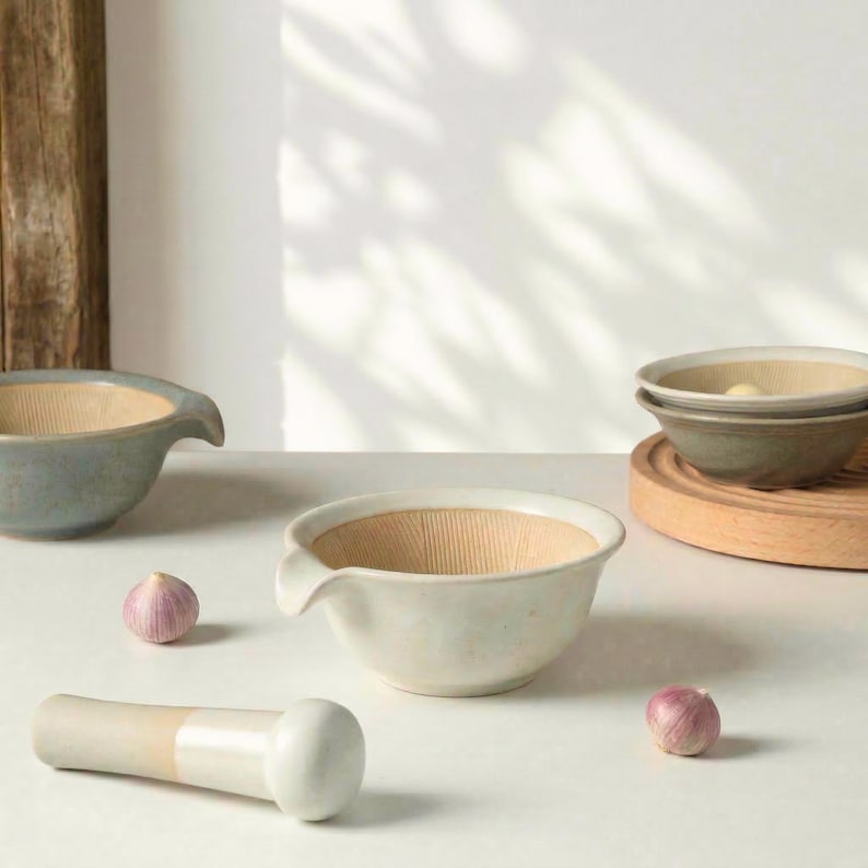 Mortar and Pestle Set: Japanese Suribachi, Ceramic Grinding Bowl, Herb ...