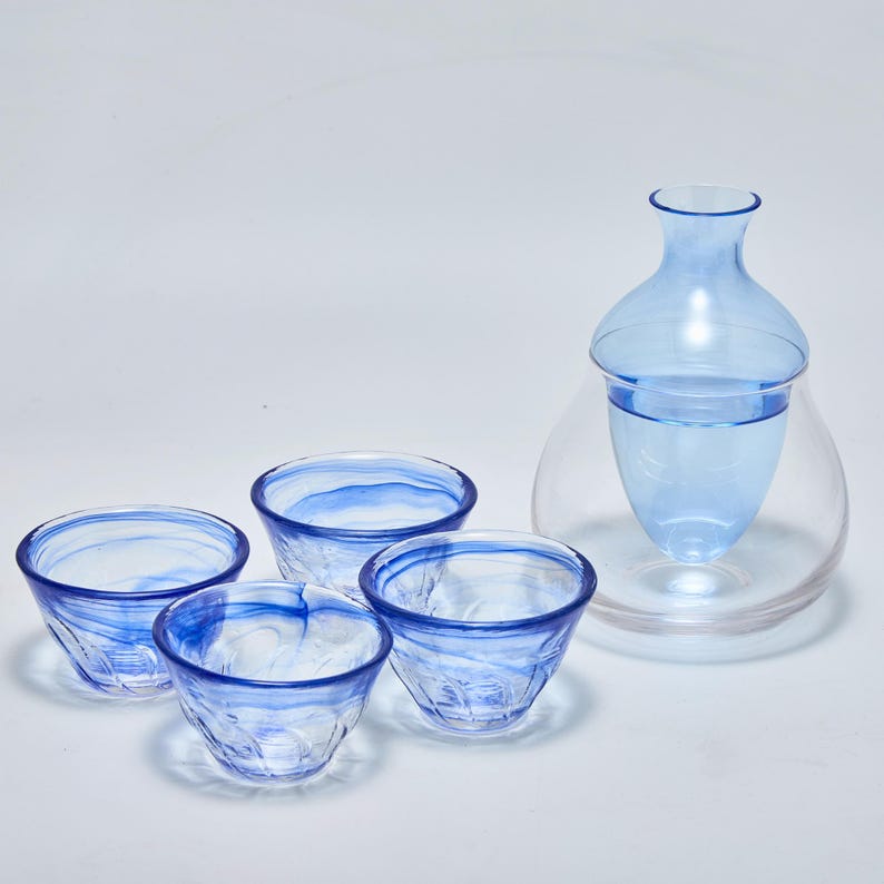 Glass Sake Set: Blue Japanese Tokkuri Carafe & Cups, Modern Sake Gift ...