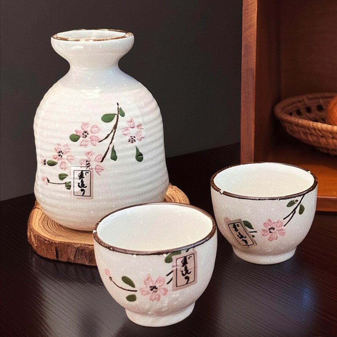Sakura Japanese Sake Set – Cherry Blossom Carafe & 2 Cups With Gift Box ...