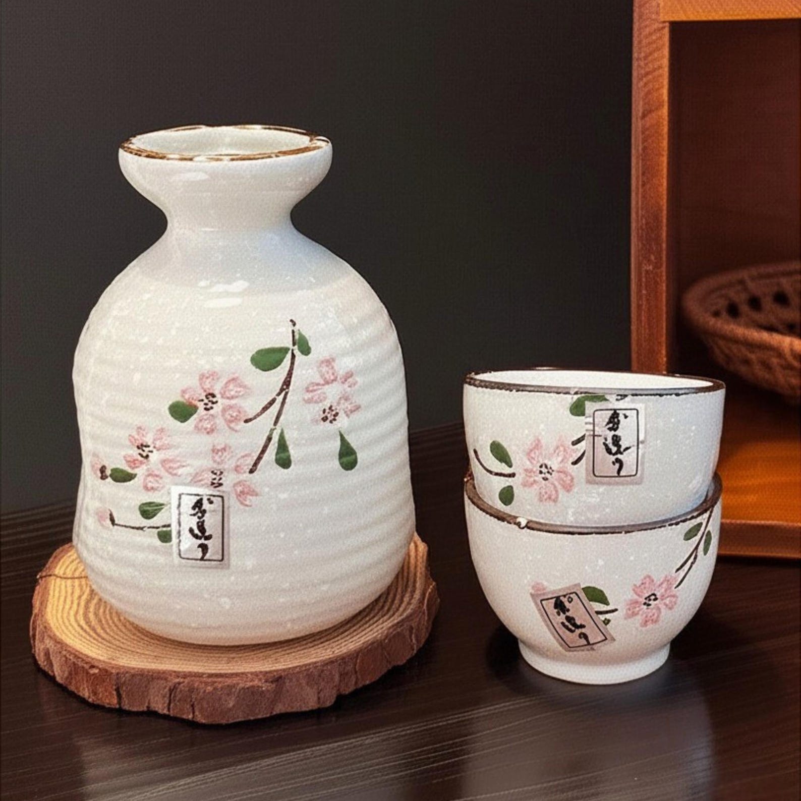 Sakura Japanese Sake Set – Cherry Blossom Carafe & 2 Cups With Gift Box ...
