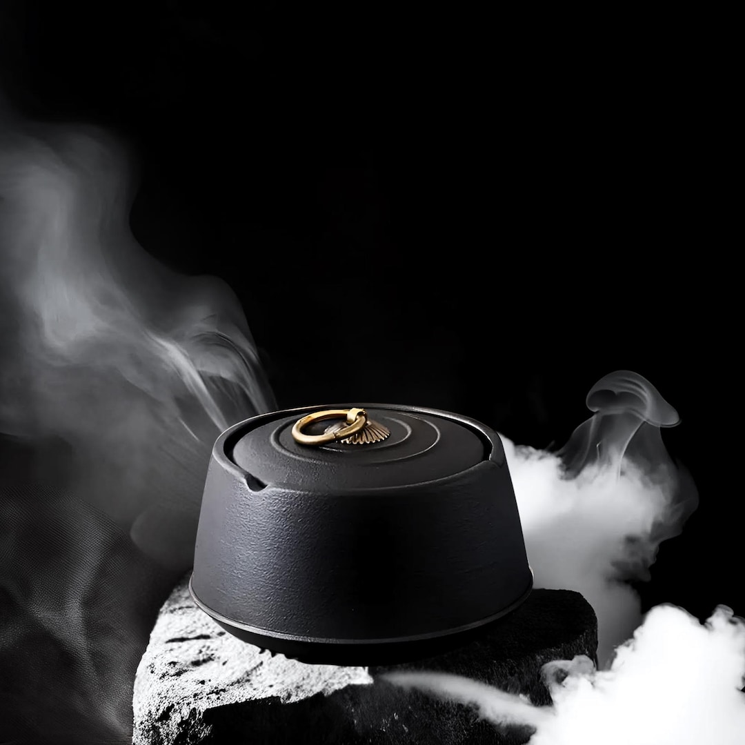 Black Ashtray With Lid, Japanese Vintage Ashtray Indoor, Ceramic ...