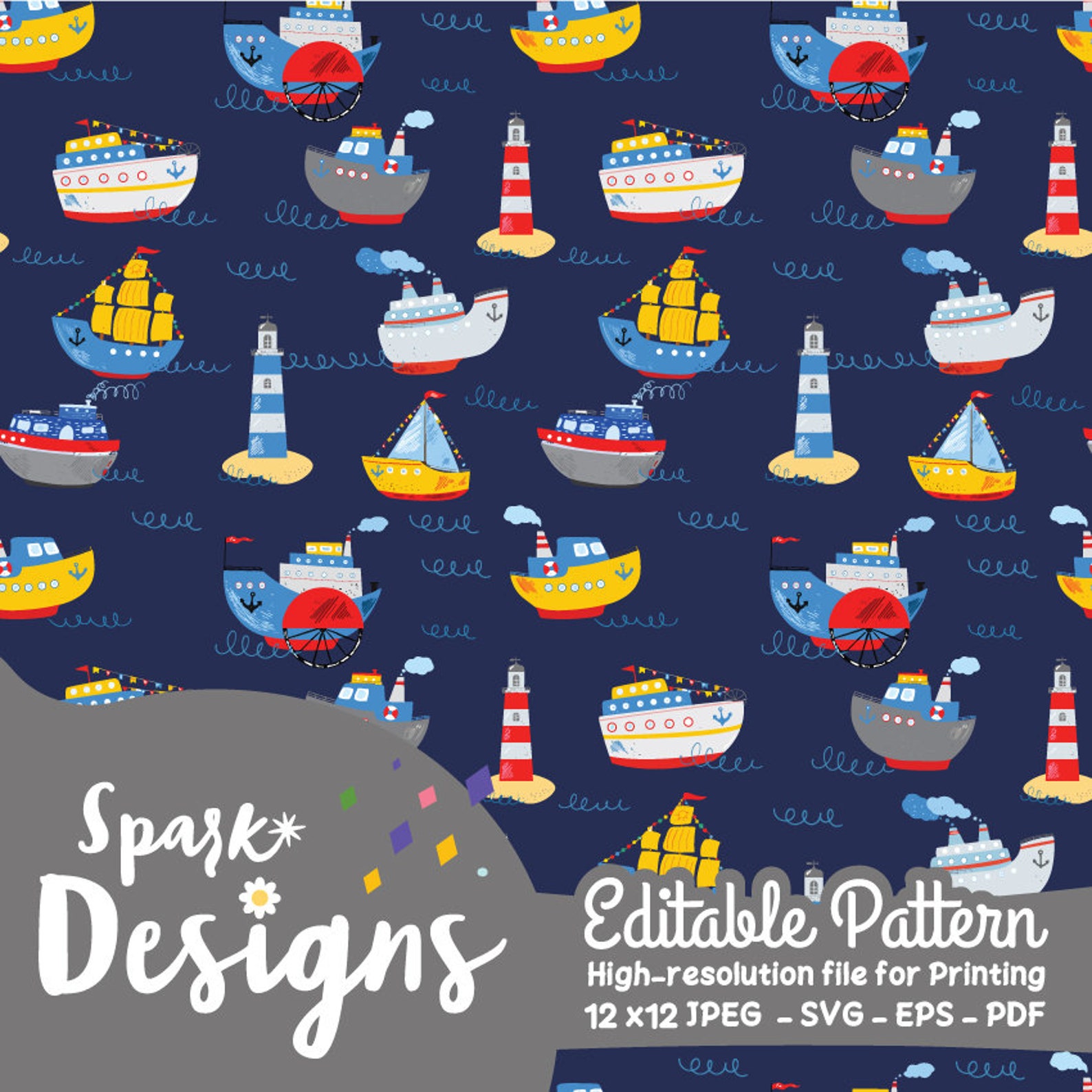 Cute Boats Cartoon Marine Fishing Ships, Sail Boats, Seamless Repeat ...