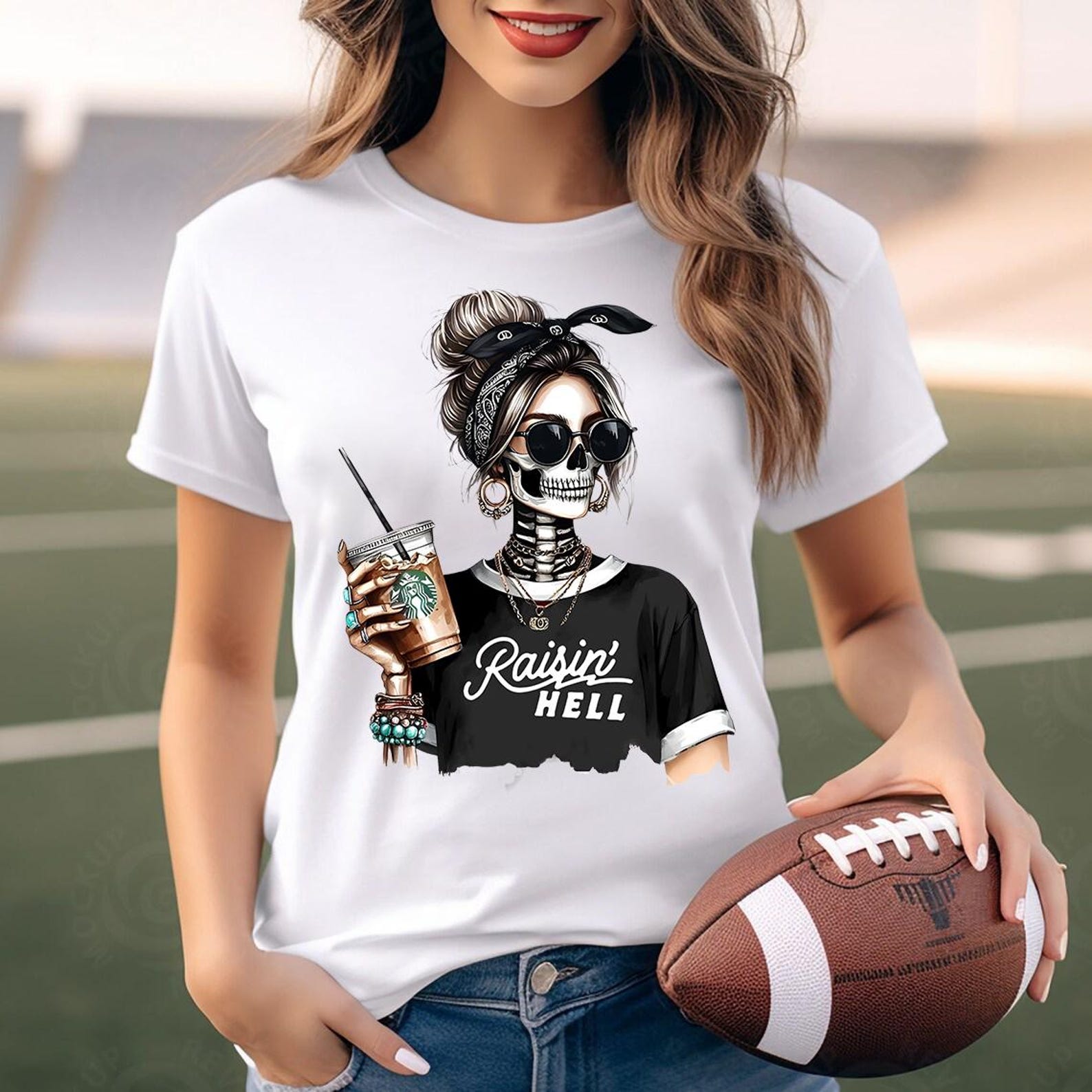 Raising Hell Skeleton Mom PNG: Iced Coffee & Football Design (digital ...
