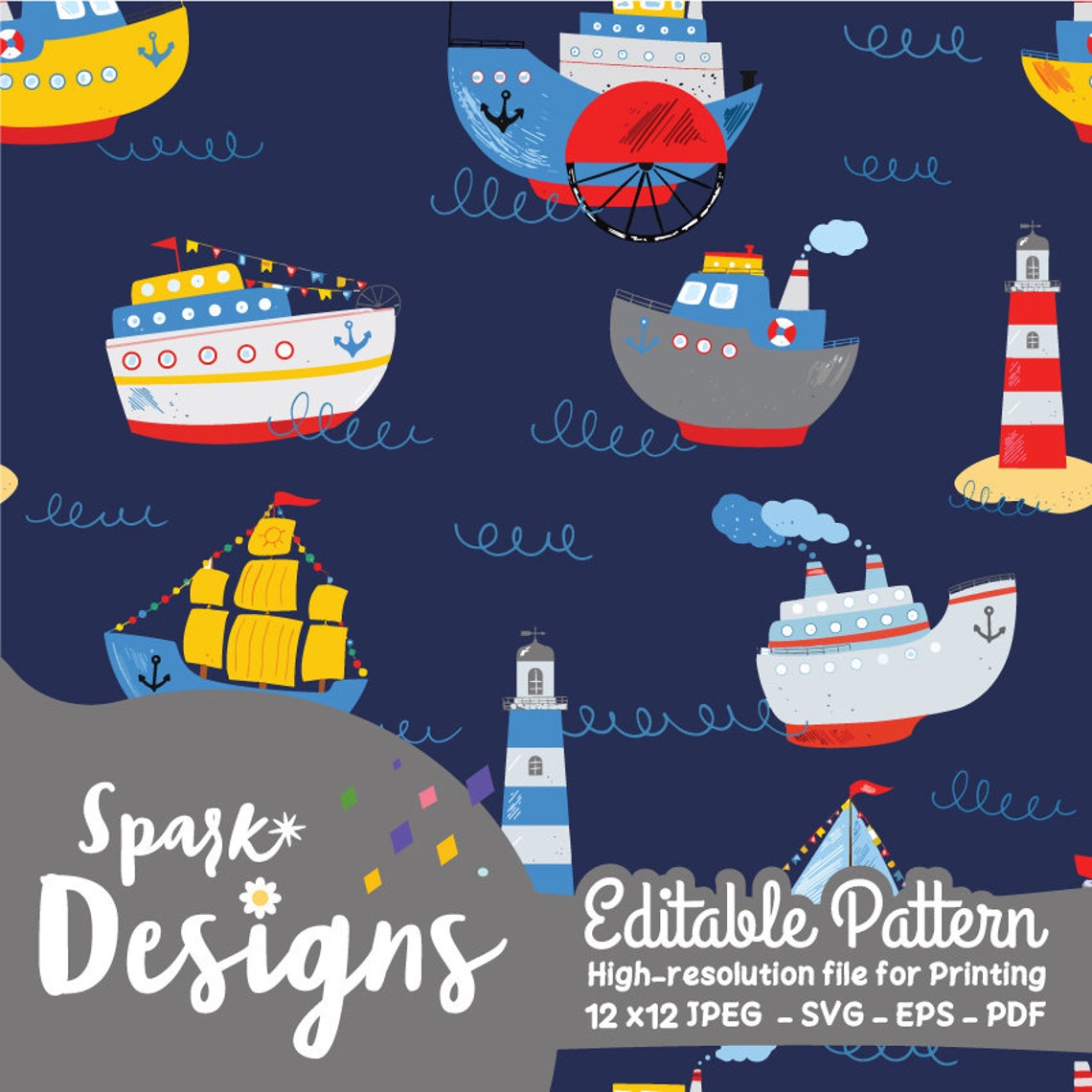 Cute Boats Cartoon Marine Fishing Ships, Sail Boats, Seamless Repeat ...