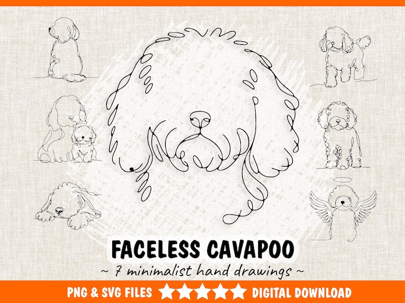 Cavapoo Dogs SVG & PNG Bundle – 7 Minimalist Outline Hand-drawn Designs ...