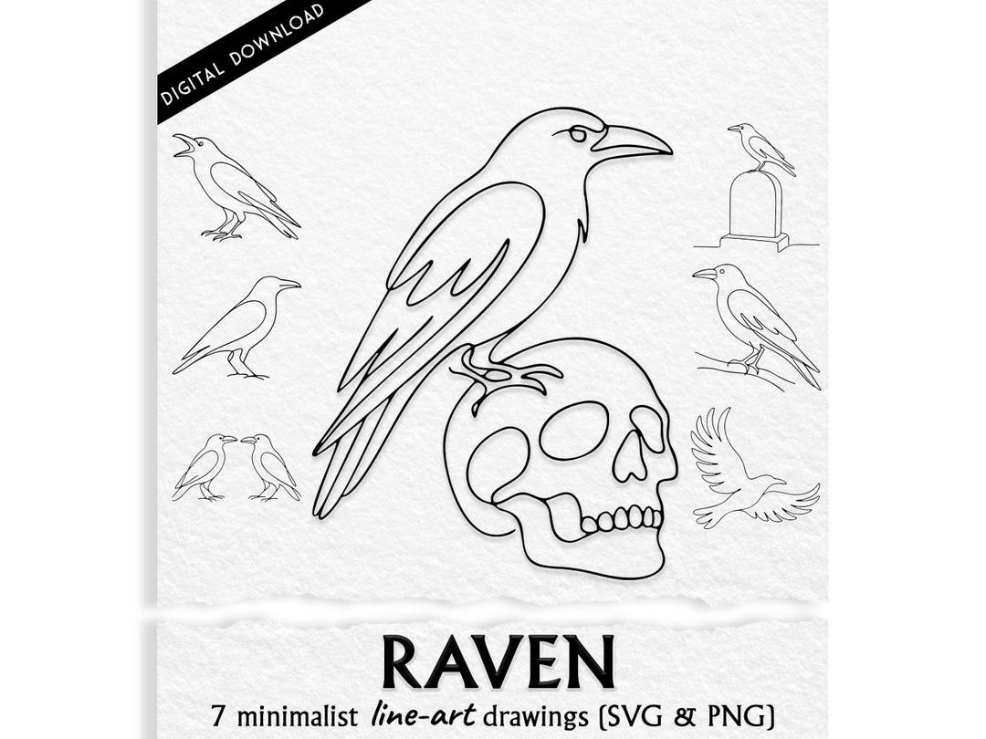 Raven SVG & PNG Bundle – 7 Minimalist Raven Hand Drawn Line Art ...