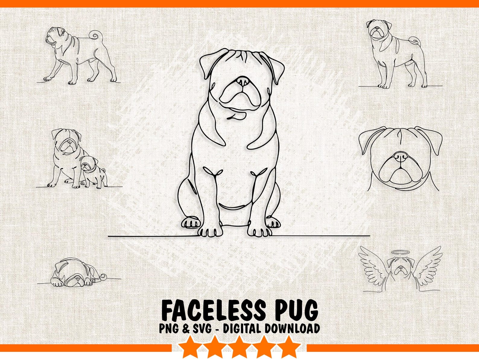Faceless Pug Dogs SVG & PNG Bundle – 7 Minimalist Pug Hand-drawn ...