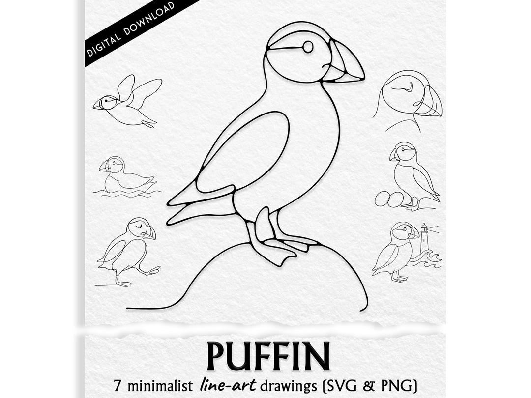 Puffin SVG & PNG Bundle – 7 Minimalist Puffin Hand Drawn Line Art ...