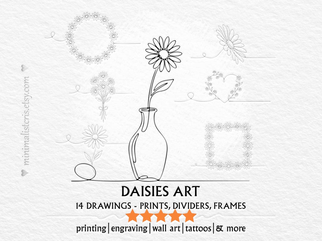 Daisy Art - Minimalist Flower Bundle Drawings of Daisies SVG & Daisy ...