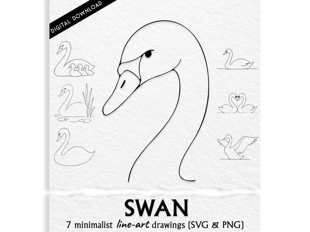 Swan SVG – Minimalist Swans Line Art Outline Drawings, Digital Download ...
