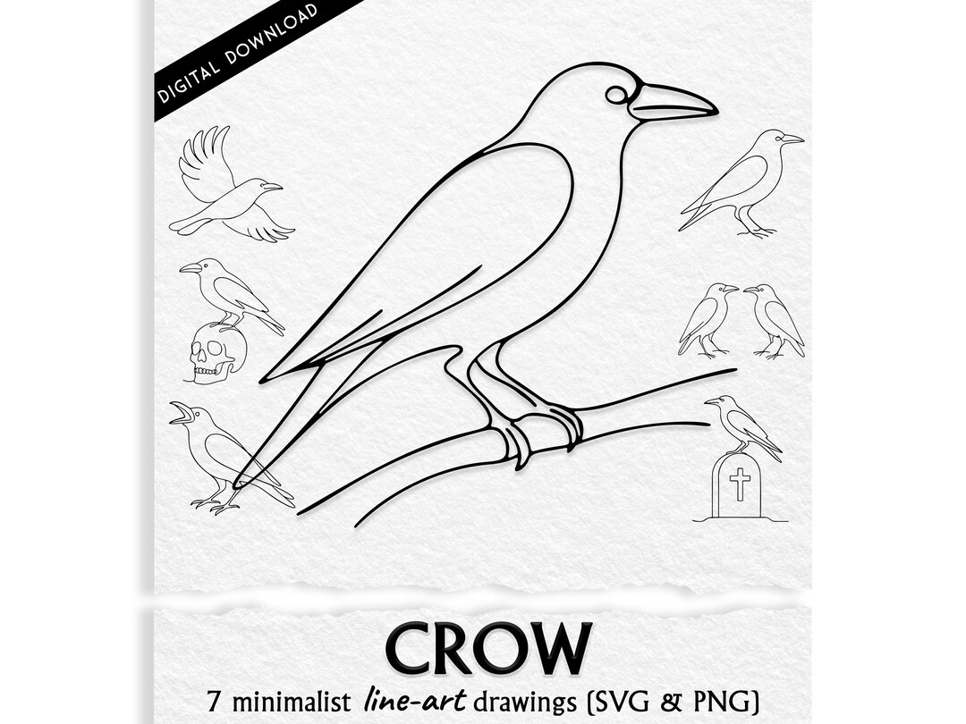 Crow SVG – Minimalist Crow Line Art Outline Drawings, Digital Download ...