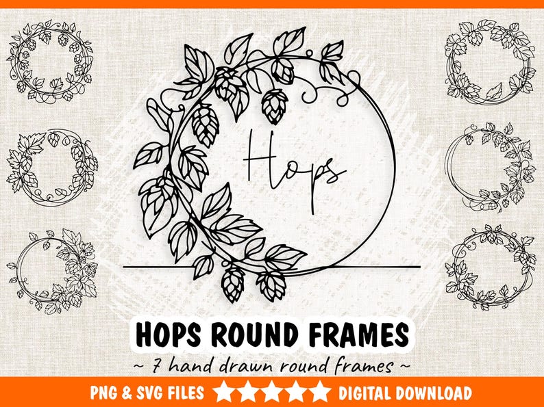 Hand-drawn Beer Hops Round Frames SVG & PNG Bundle | 7 Hops Minimalist ...