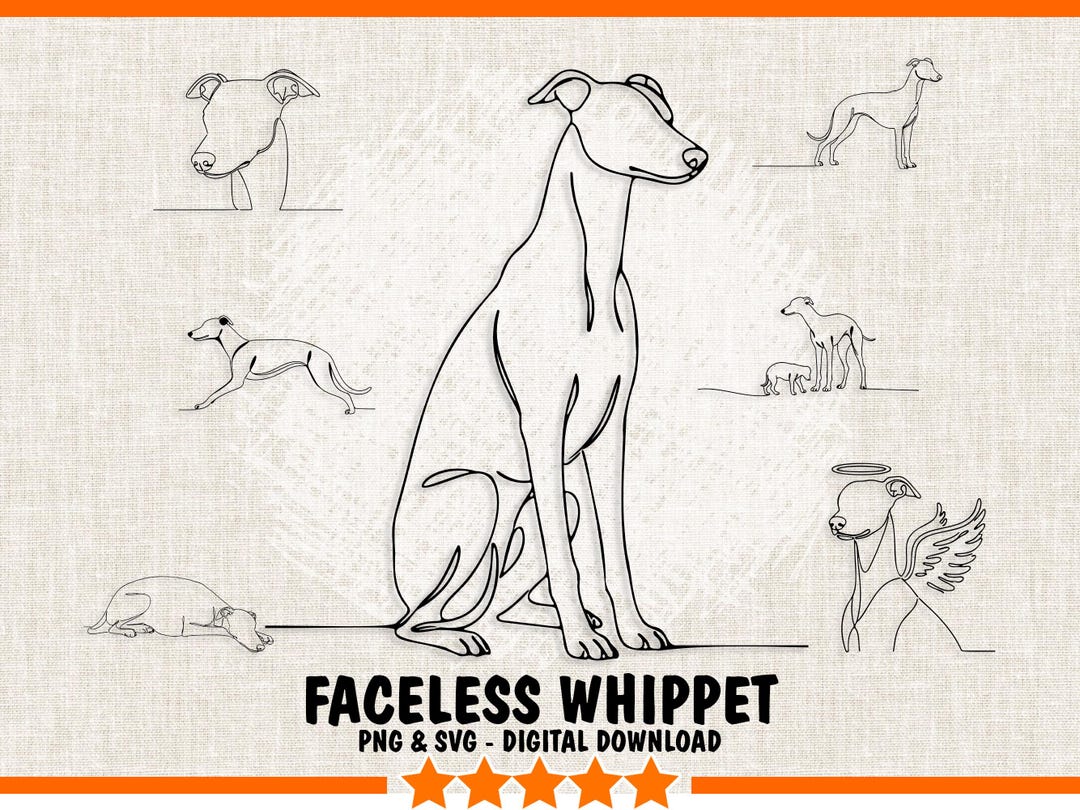 Faceless Whippet Dog SVG & PNG Bundle – 7 Minimalist Outline Hand-drawn ...