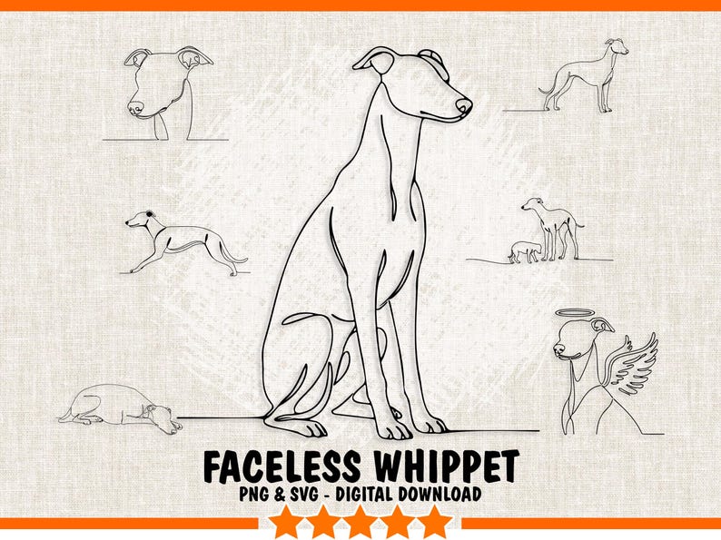 Faceless Whippet Dog SVG & PNG Bundle – 7 Minimalist Outline Hand-drawn ...