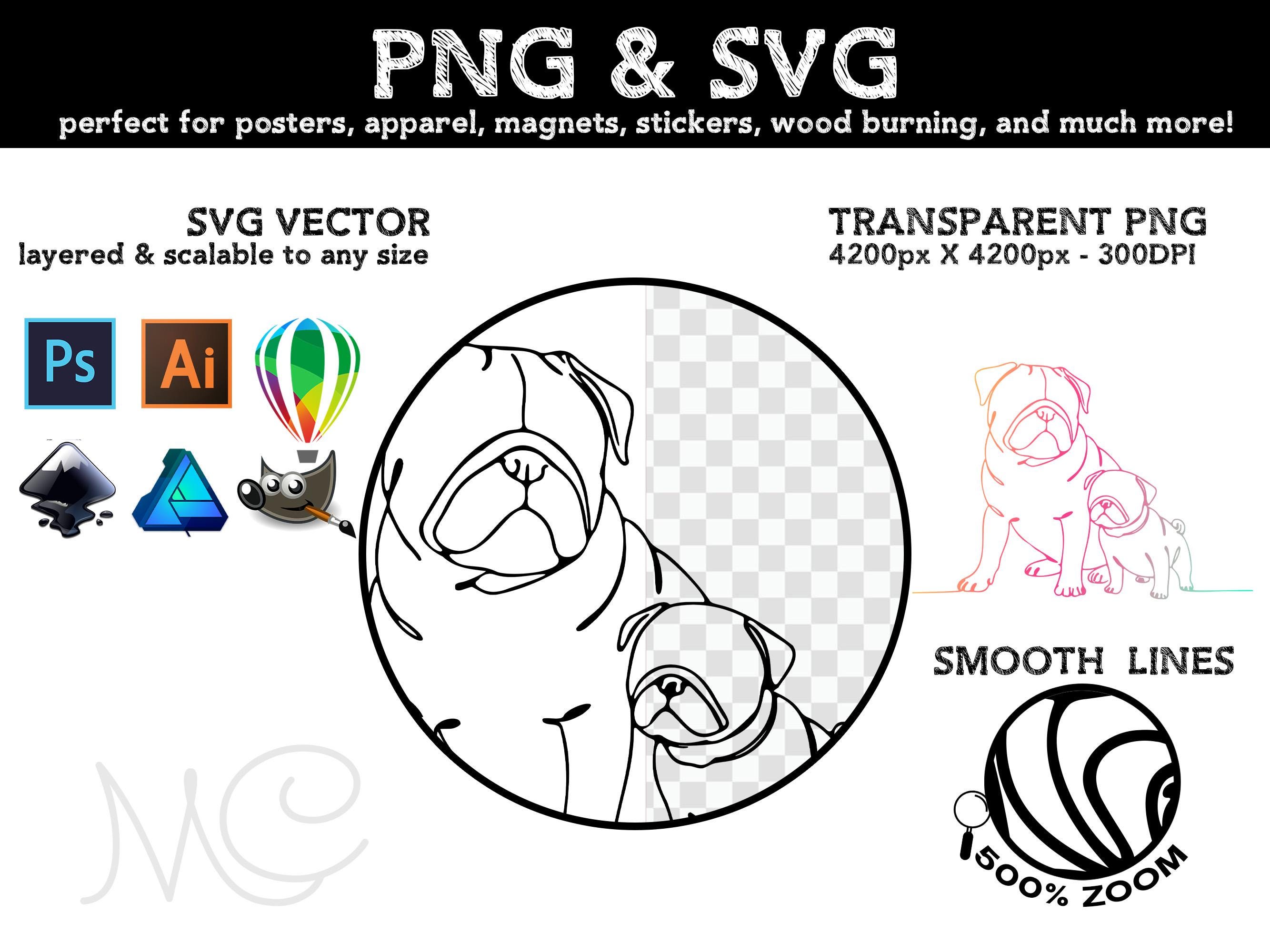 Faceless Pug Dogs SVG & PNG Bundle – 7 Minimalist Pug Hand-drawn ...