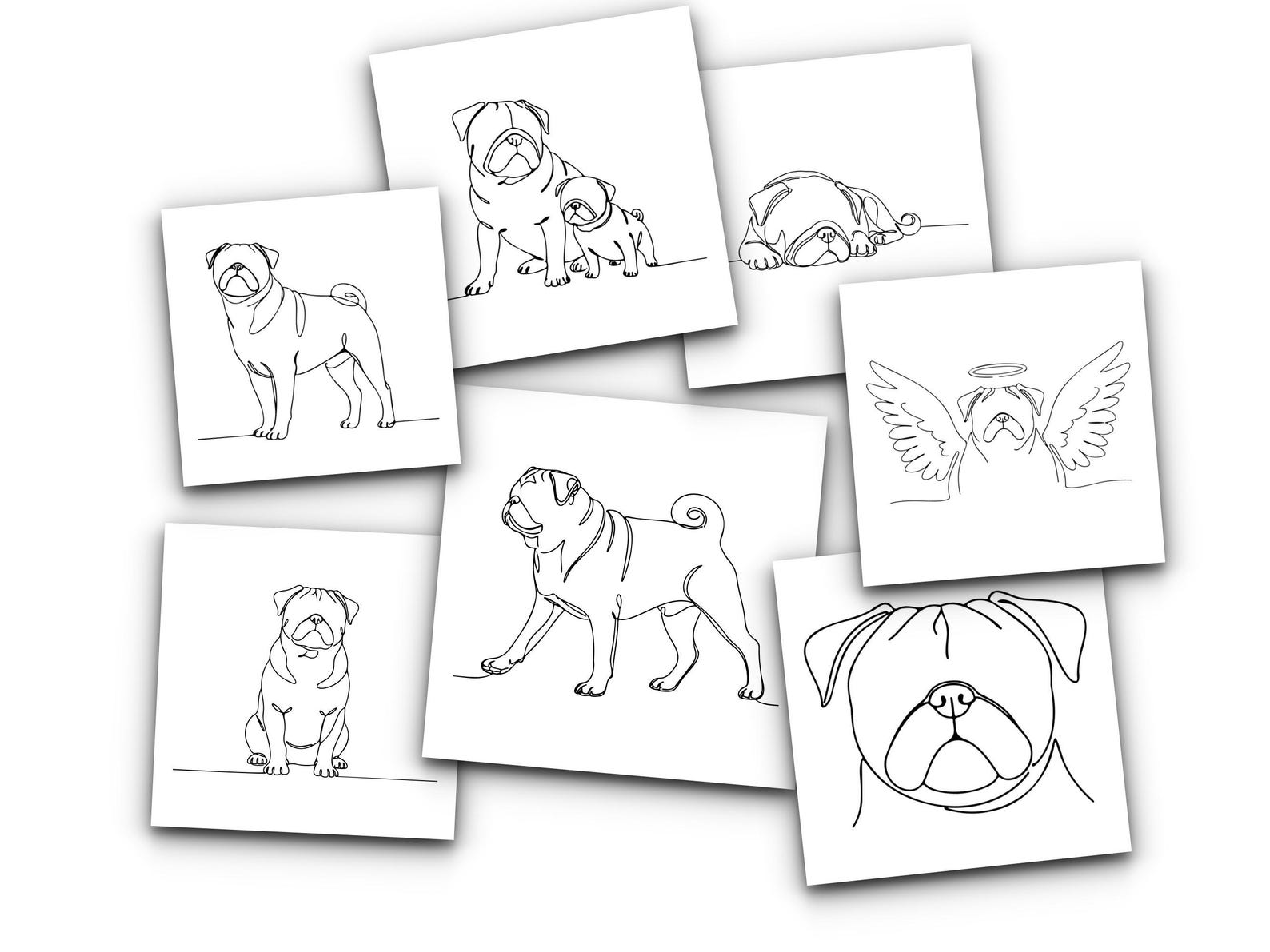 Faceless Pug Dogs SVG & PNG Bundle – 7 Minimalist Pug Hand-drawn ...