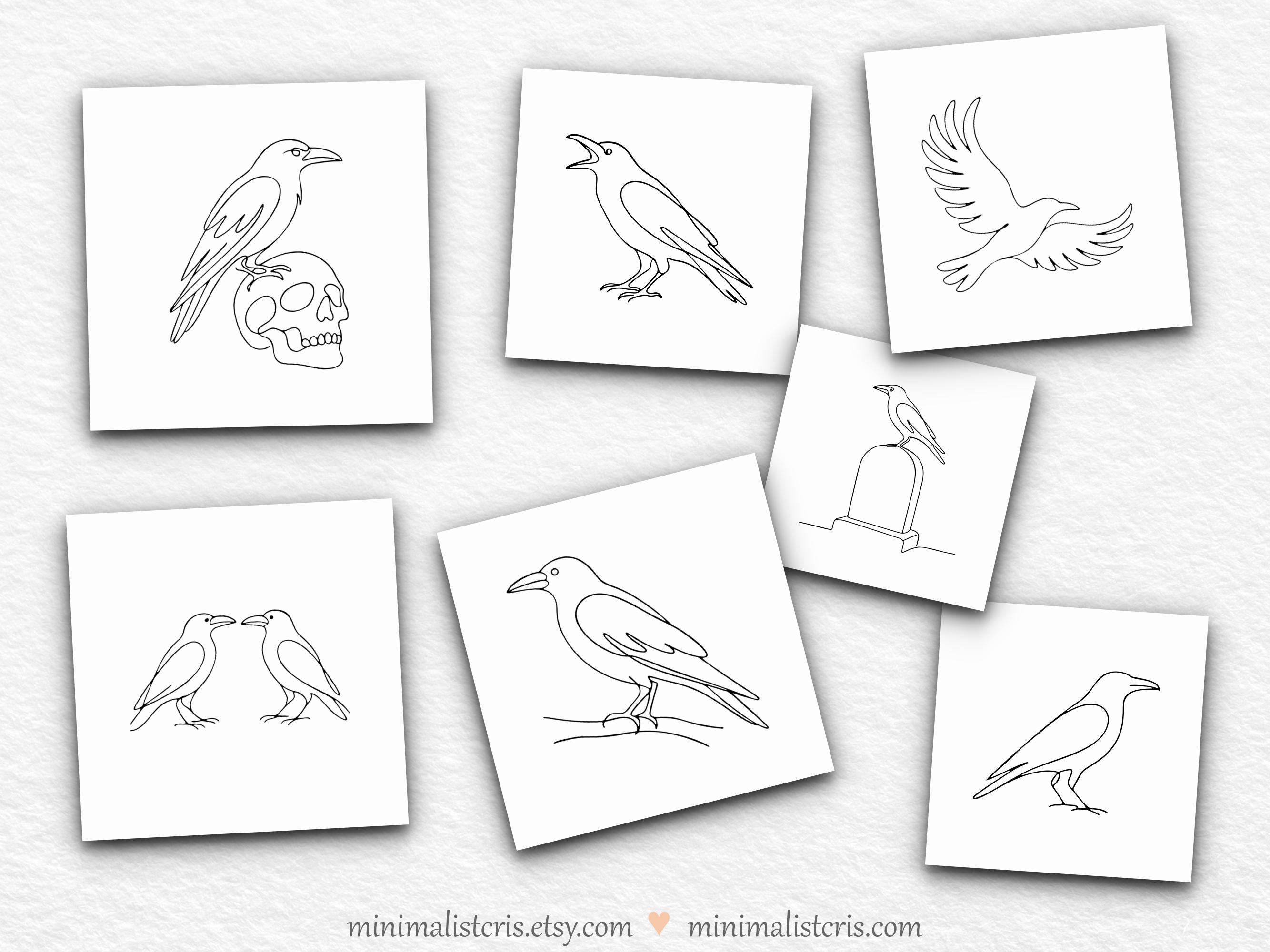 Raven SVG – Minimalist Raven Line Art Outline Drawings, Digital ...