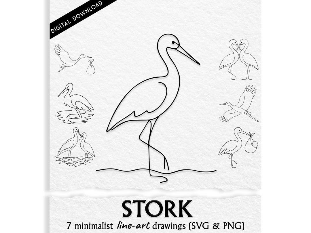 Stork SVG & PNG Bundle – 7 Minimalist Stork Hand Drawn Line Art ...