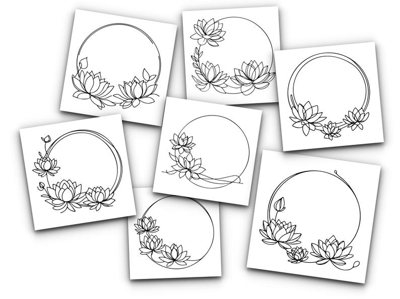 Hand-drawn Lotus Flowers Round Frames SVG & PNG Bundle | 7 Lotus ...