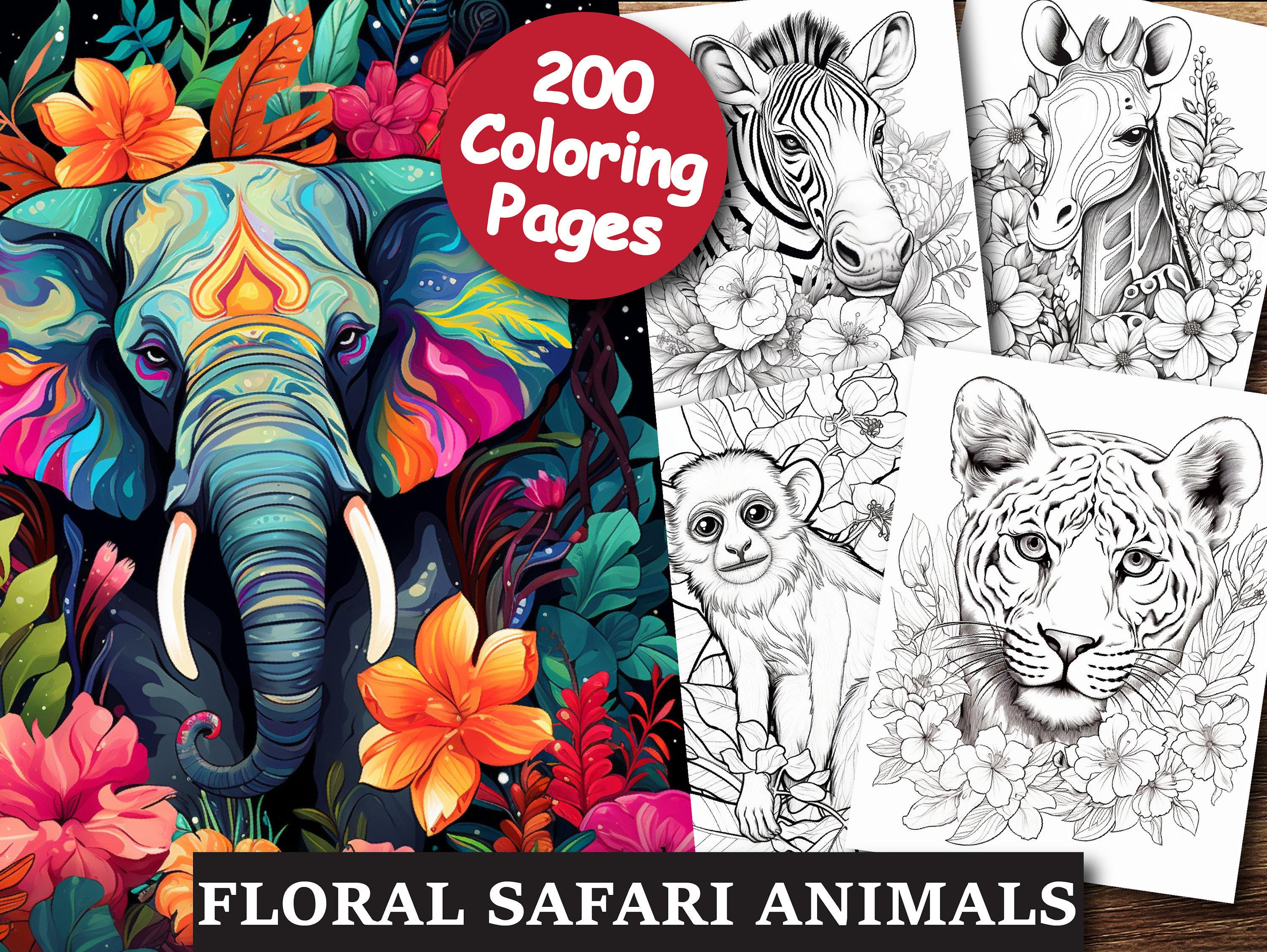 200 Floral Safari Animals Coloring Book for Kids/adults, Printable ...