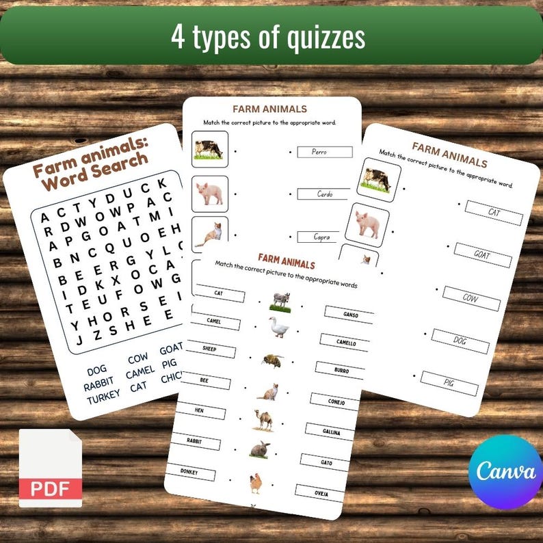 24 Bilingual Montessori Farm Animal Cards SPANISH-ENGLISH + 12 Quizzes ...