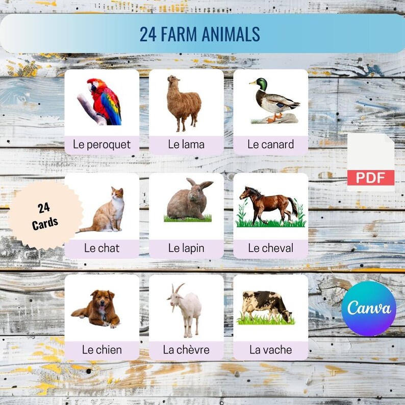 FARM ANIMALS FRENCH Version | 24 Montessori 3-part Cards + 9 Coloring ...