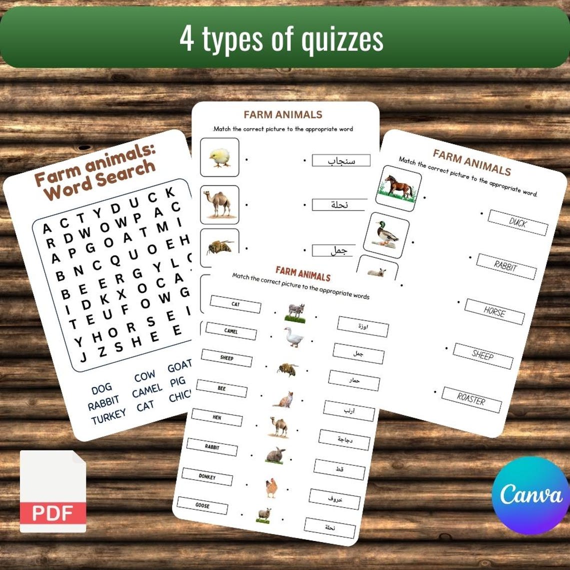 24 Bilingual Montessori Farm Animal Cards ARABIC-ENGLISH + 12 Quiz ...