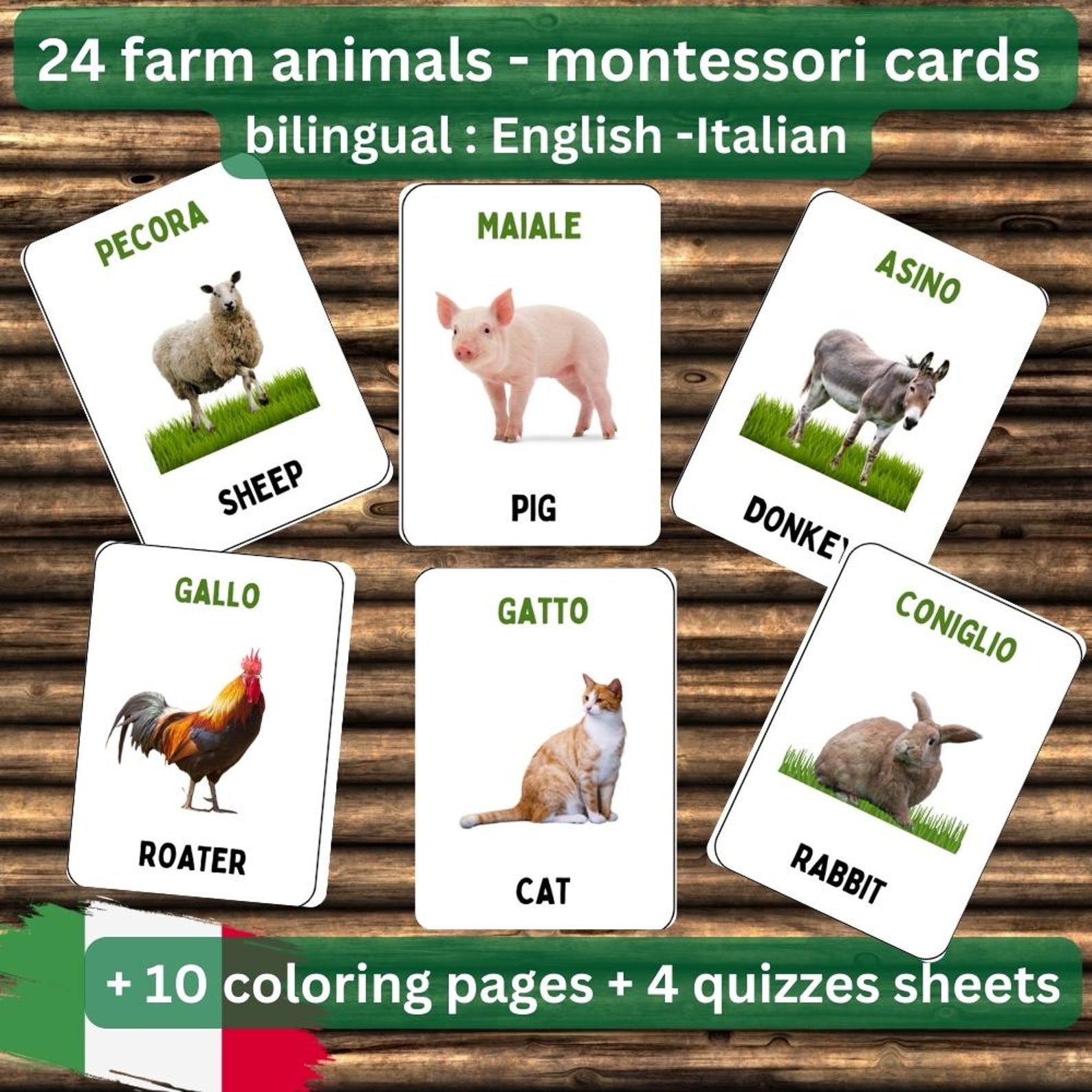 24 Bilingual Montessori Farm Animal Cards ITALIAN-ENGLISH + 12 Quiz ...
