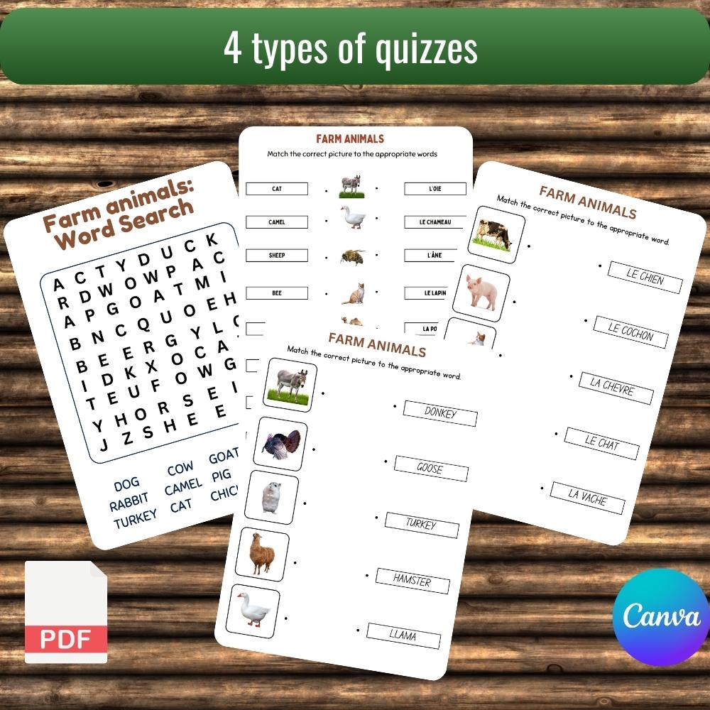 24 Bilingual Montessori Farm Animal Cards French-english + 12 Quiz ...