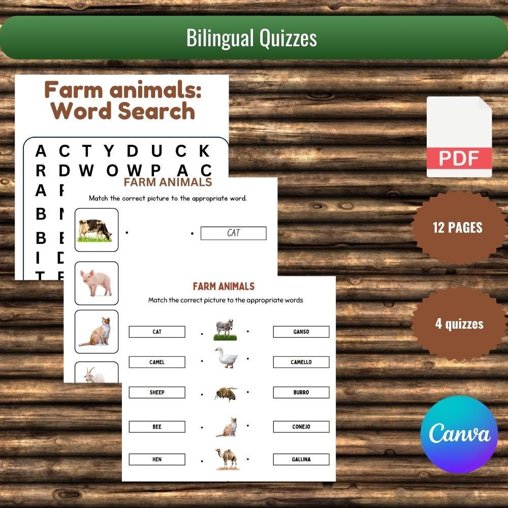 24 Bilingual Montessori Farm Animal Cards SPANISH-ENGLISH + 12 Quizzes ...