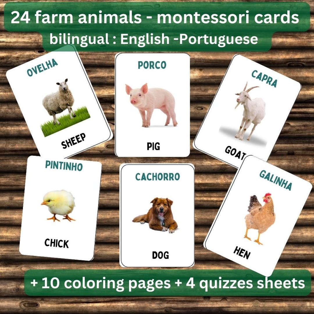 24 Bilingual Montessori Farm Animal Cards PORTUGUESE-ENGLISH + 12 Quiz ...