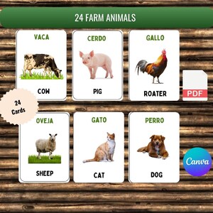 24 Bilingual Montessori Farm Animal Cards SPANISH-ENGLISH + 12 Quizzes ...