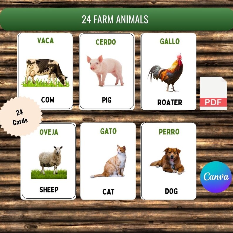 24 Bilingual Montessori Farm Animal Cards SPANISH-ENGLISH + 12 Quizzes ...