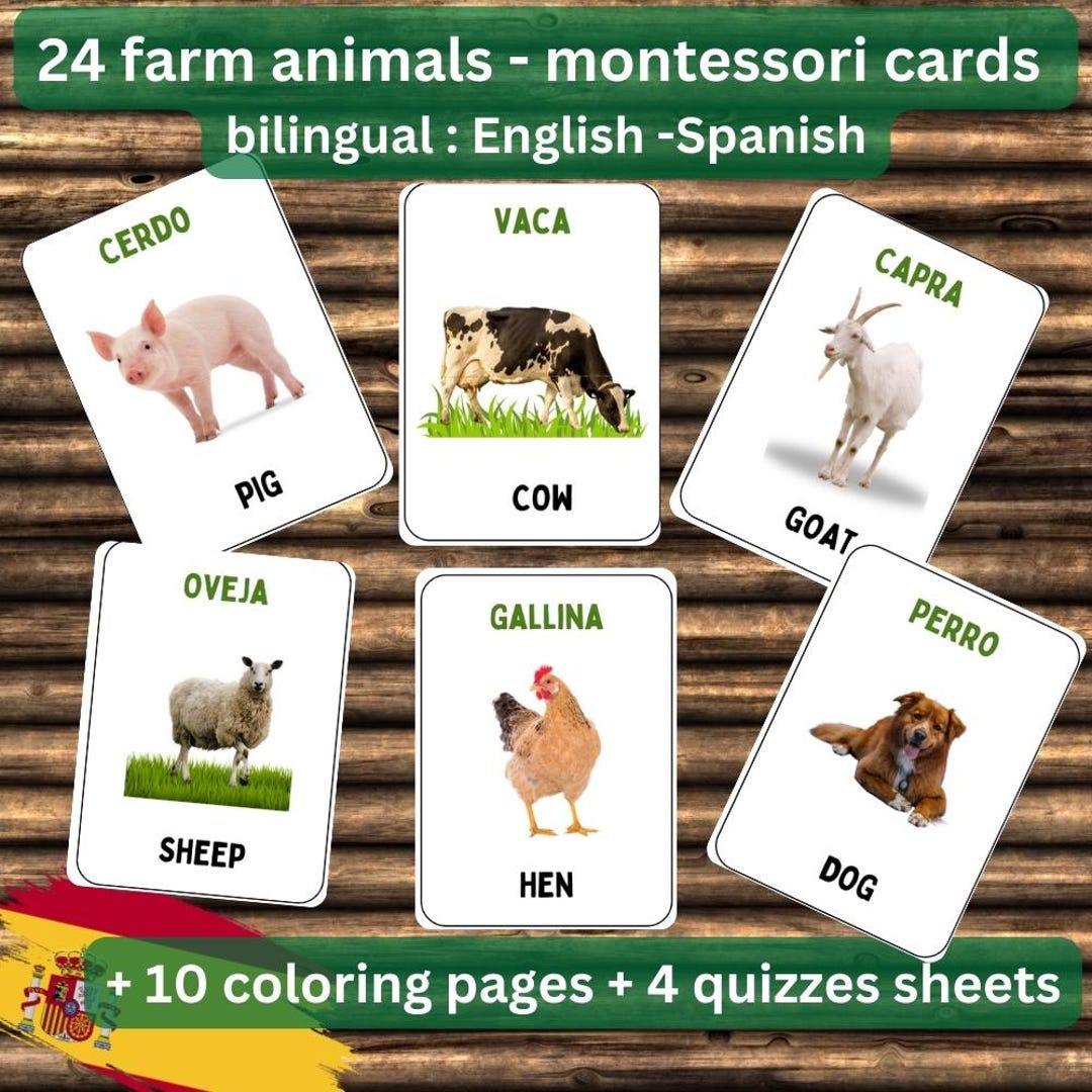 24 Bilingual Montessori Farm Animal Cards SPANISH-ENGLISH + 12 Quizzes ...