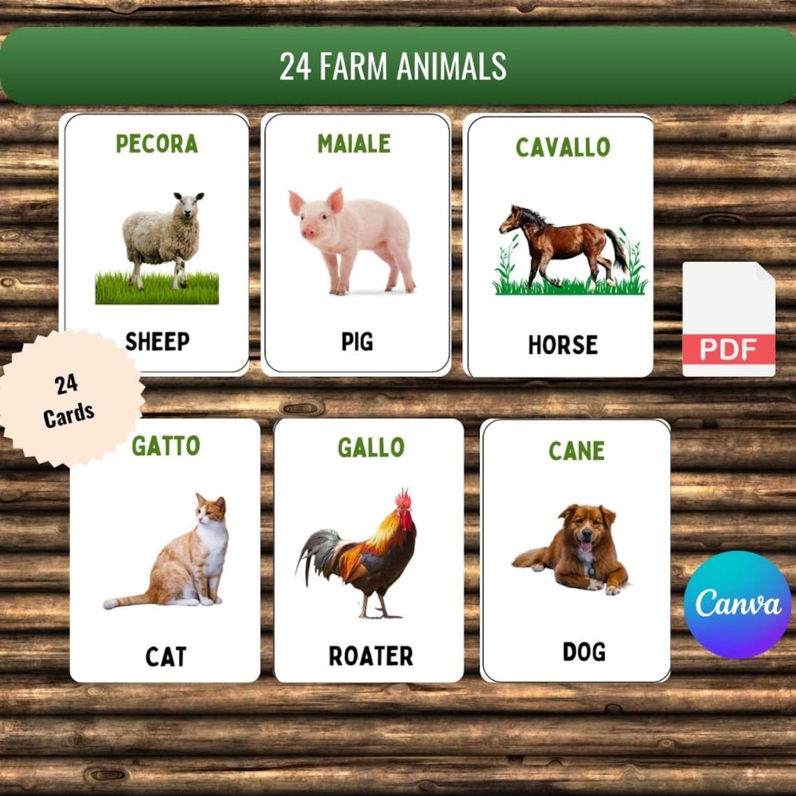 24 Bilingual Montessori Farm Animal Cards ITALIAN-ENGLISH + 12 Quiz ...