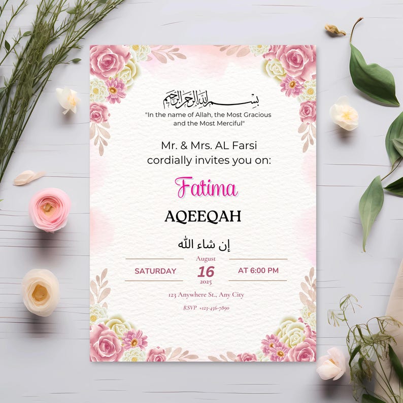 Baby Girl Aqiqah Invitation | Islamic Aqeeqah Card | Muslim Newborn ...