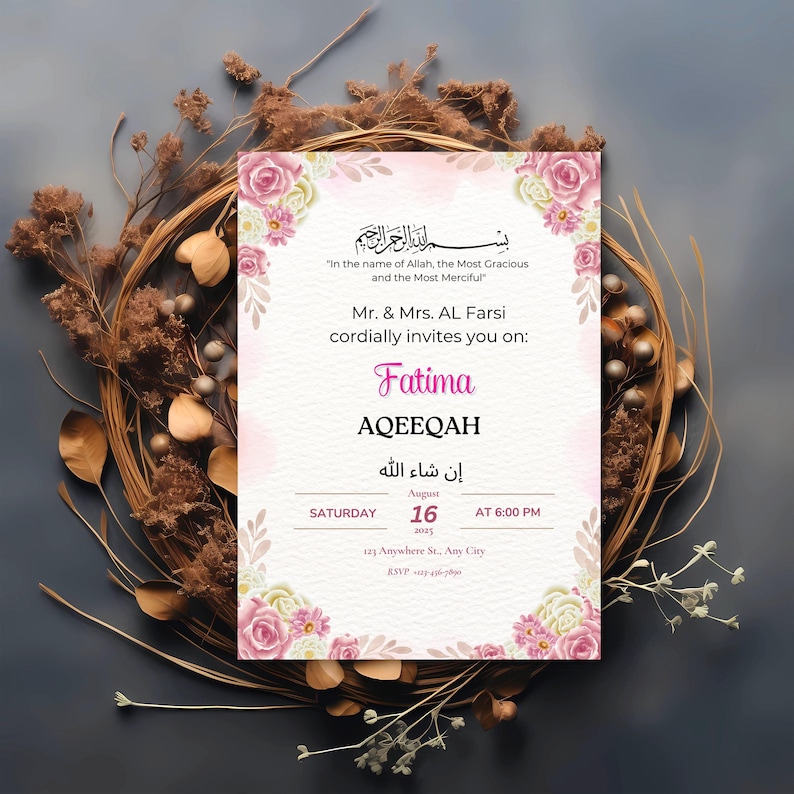 Baby Girl Aqiqah Invitation | Islamic Aqeeqah Card | Muslim Newborn ...