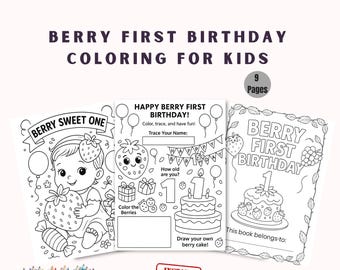 Berry First Birthday Coloring Book | Strawberry Party | Instant ...