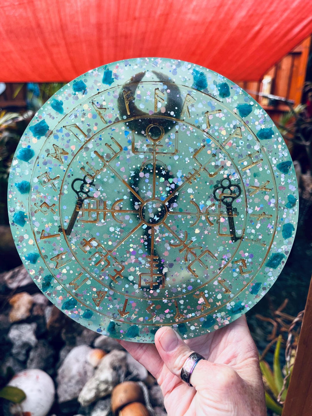 Viking Rune Compass Resin Altar Plate Large With Snake and Blue Apatite ...